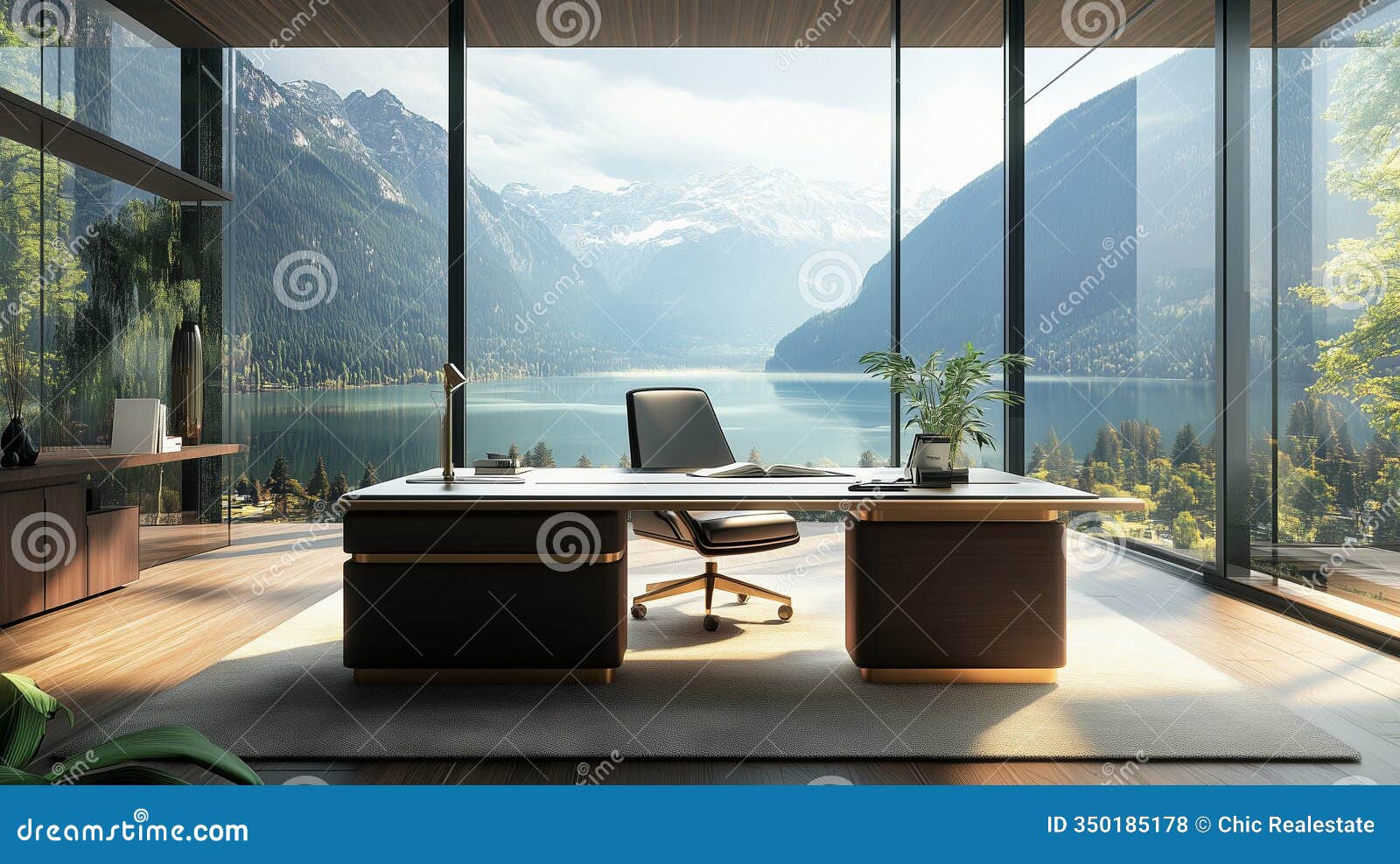 The Workspace is Designed with an Executive Desk Facing a Serene Lake ...