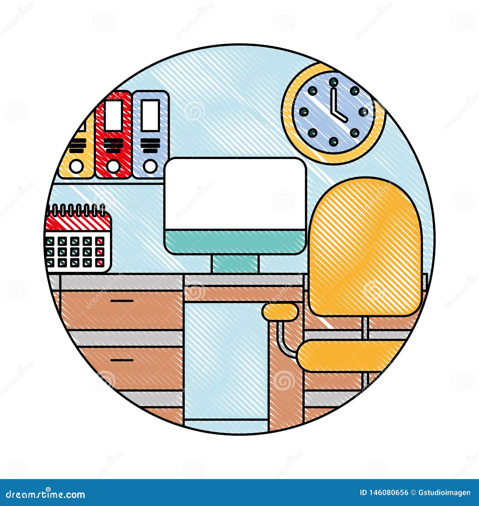 Workspace Desk Chair Computer Clock Calendar Binders Stock Illustration ...