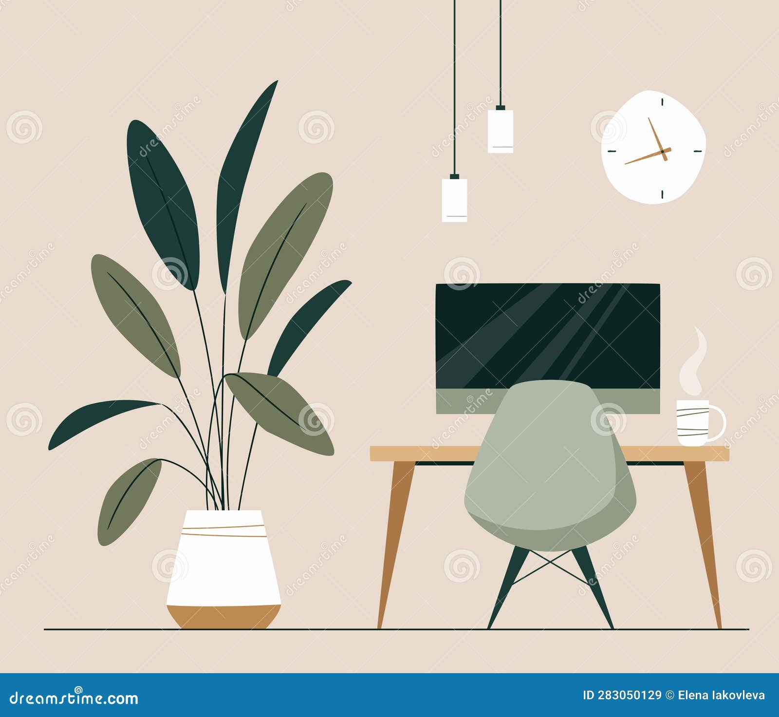 Workspace with Desk, Desktop Computer, Plant in Earth Tones. Home ...
