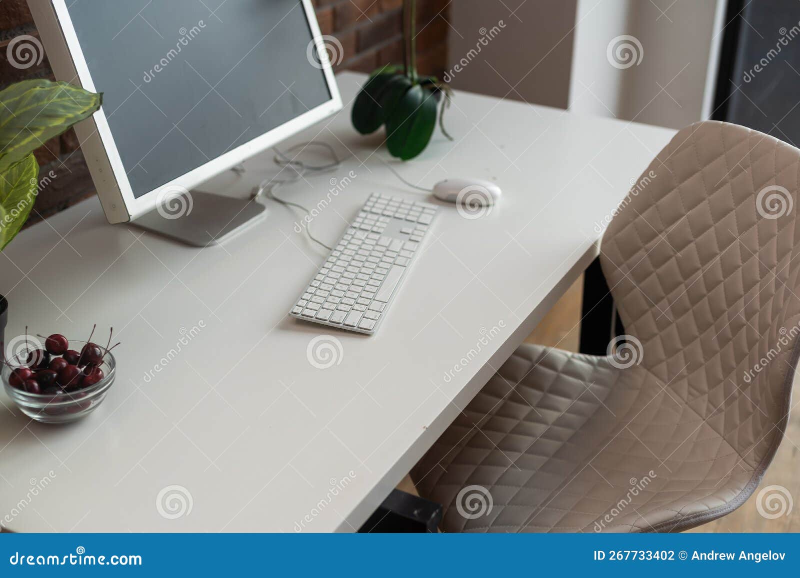 Workspace Desktop Computer and Stuff on White Wooden Table Stock Photo ...