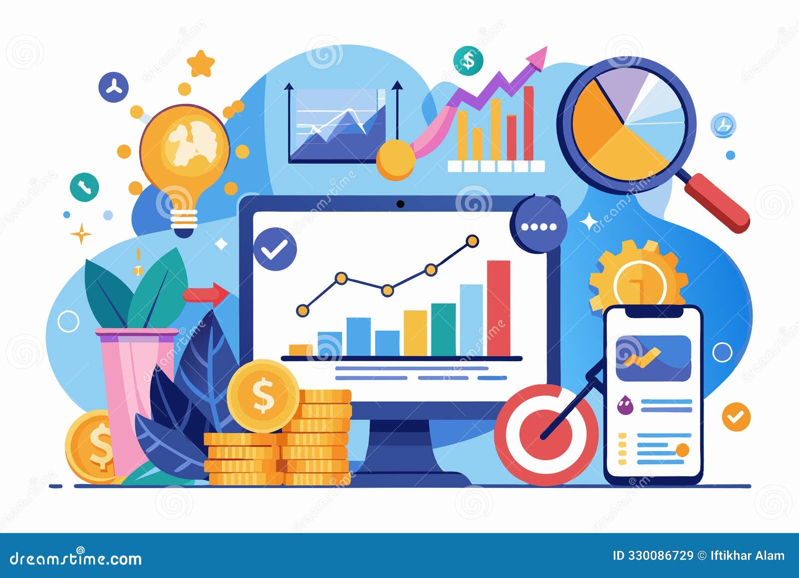 The Workspace Displays a Computer and Smartphone Analyzing Business ...