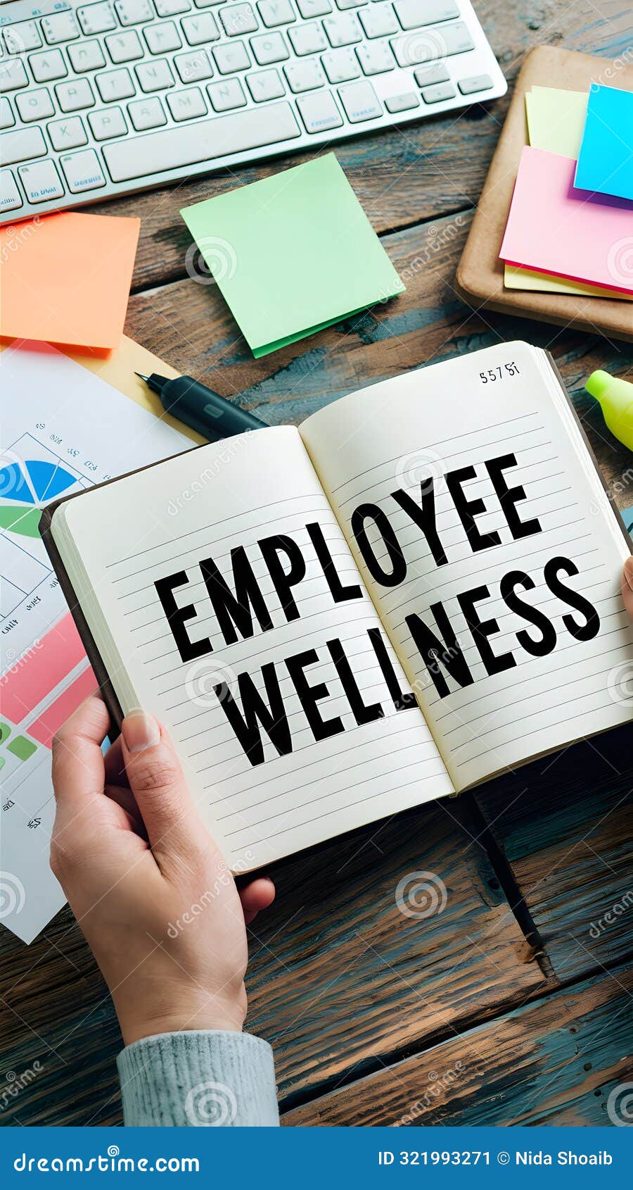 Workspace with Employee Wellness Notebook, Keyboard, Sticky Notes ...