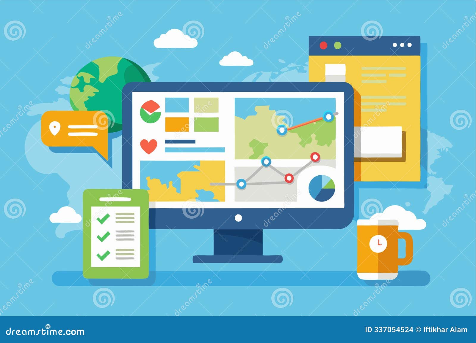 A Workspace Features a Computer with a Map, Schedule, and a Checklist ...