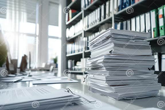 The Workspace Features a High Pile of Paperwork and Binders, with ...