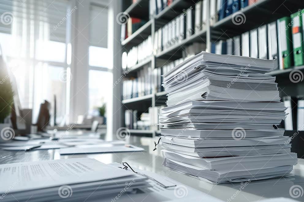 The Workspace Features a High Pile of Paperwork and Binders, with ...