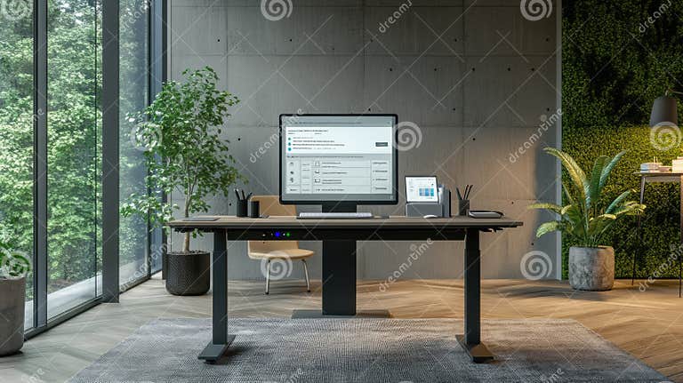 The Workspace Features a Stylish Adjustable Height Desk, Computer, and ...