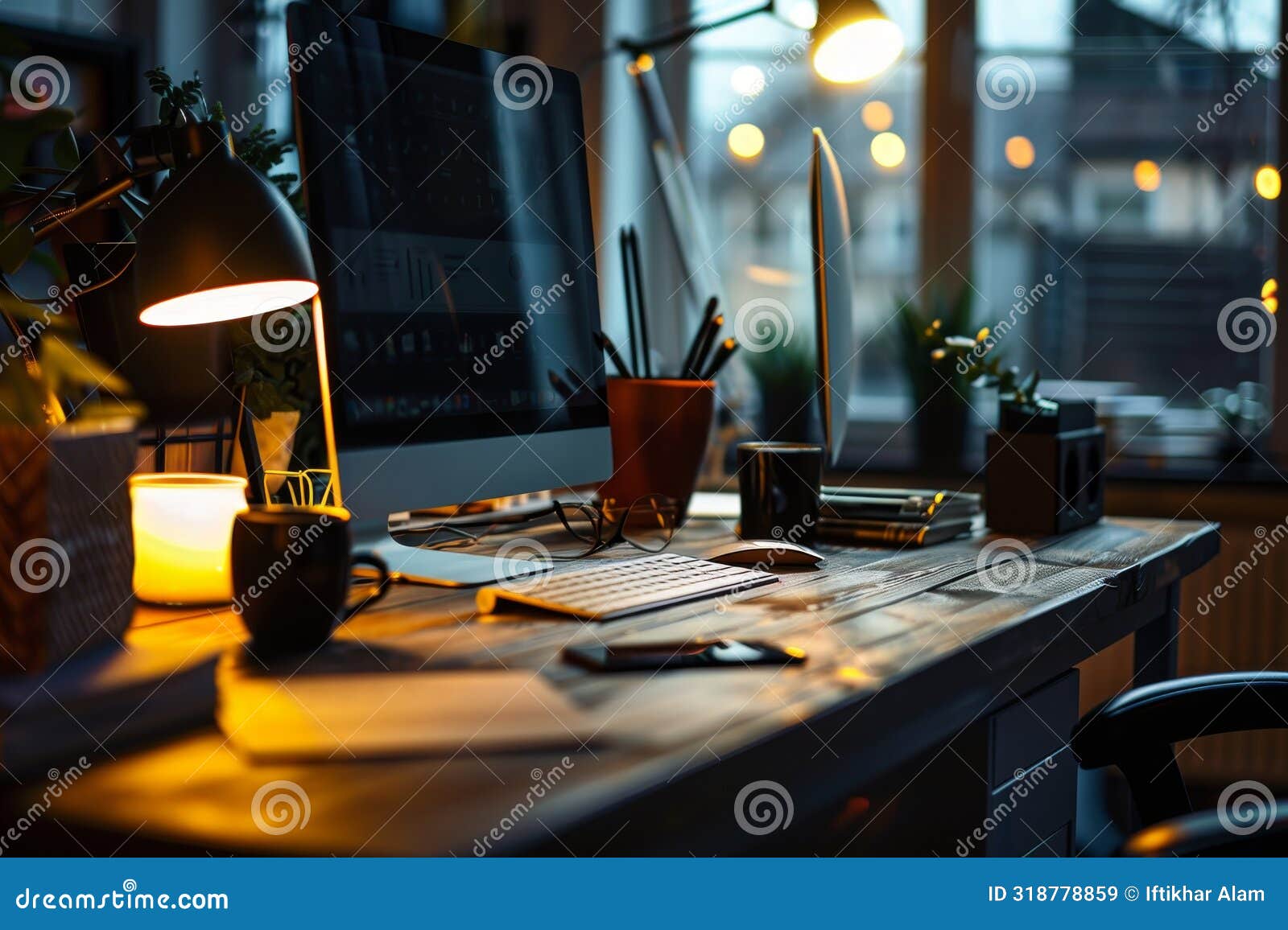 A Workspace Featuring a Desk with a Computer and a Lamp on it, Ready ...