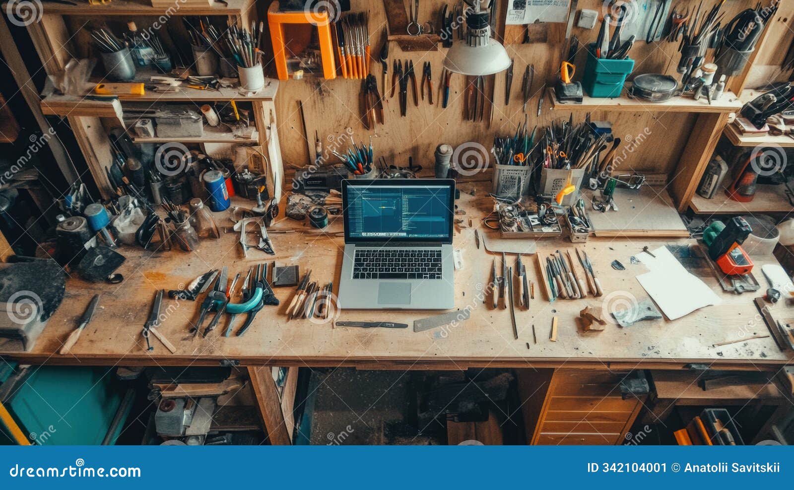 A Workspace Filled with an Array of Tools and Materials Features a ...