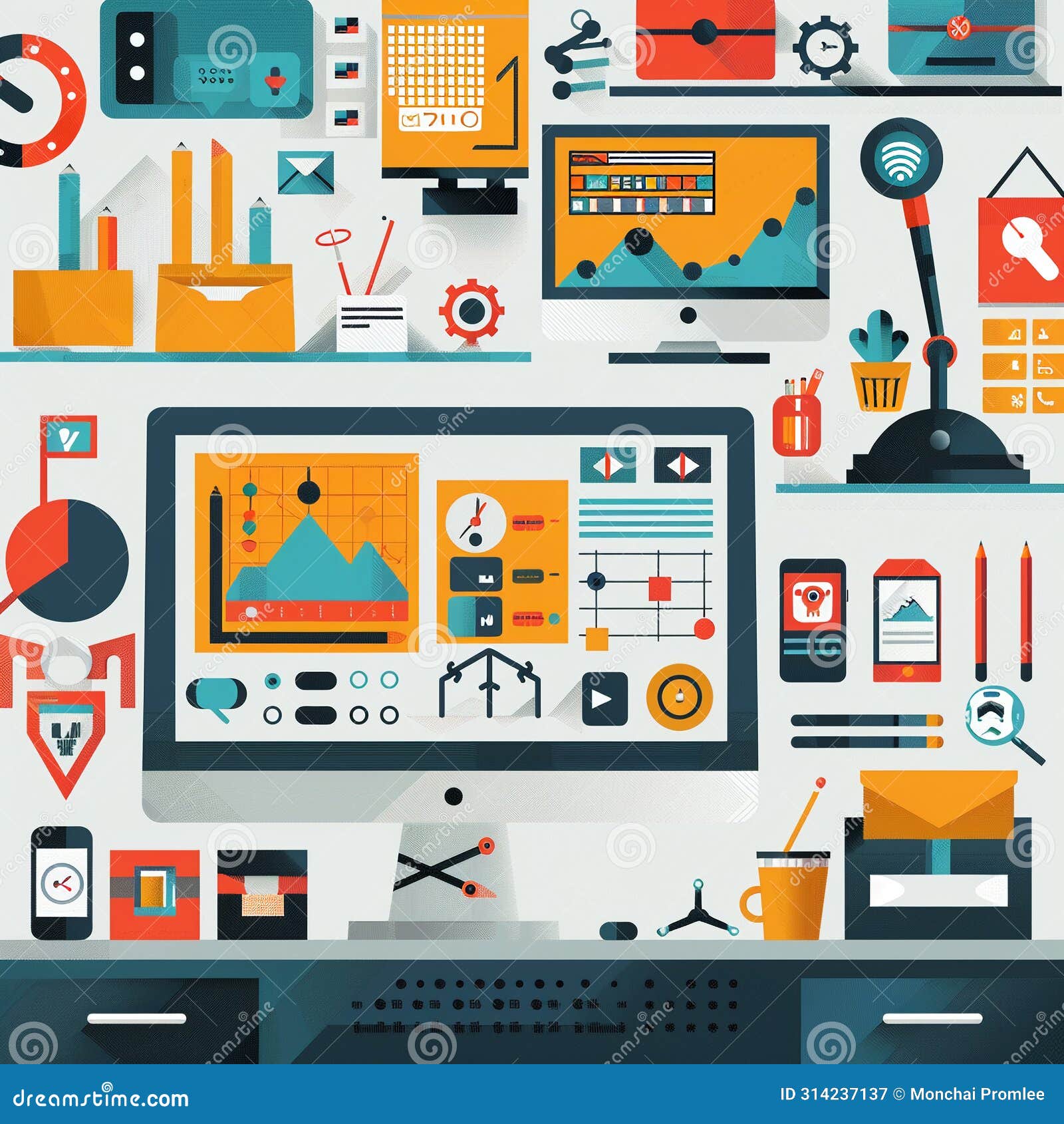 A Workspace Filled with Flat Icon Designs, Where SEO Strategies Meet ...