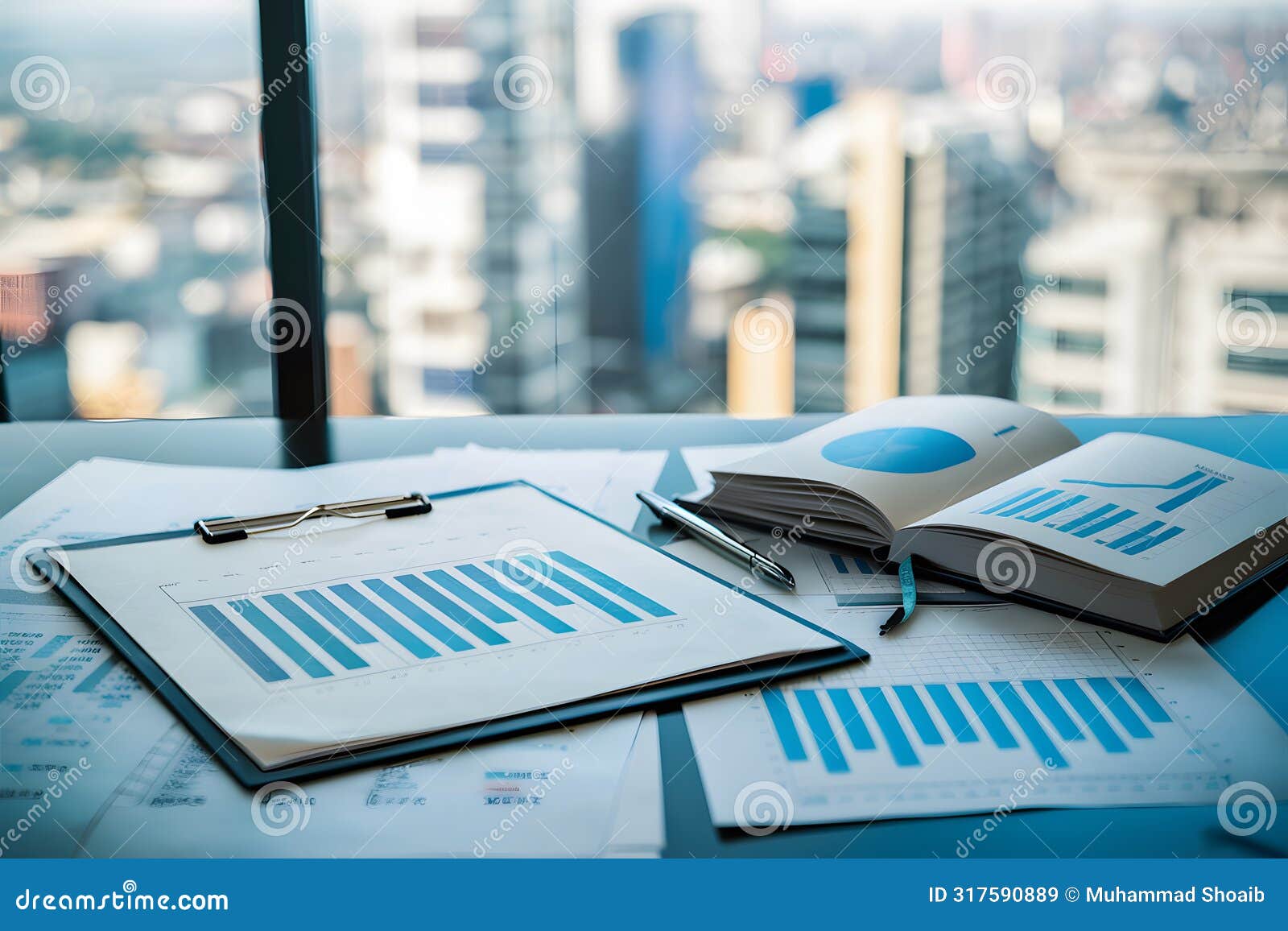 Workspace with Financial Documents, Bar Chart, Book with Blue Graphs ...