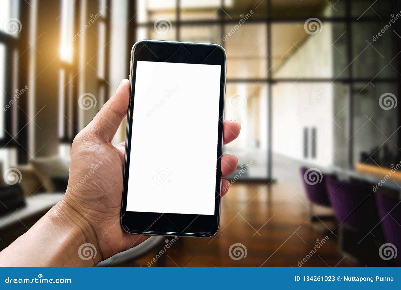 Workspace Hand Holding Smart Phone Device Stock Image - Image of ...