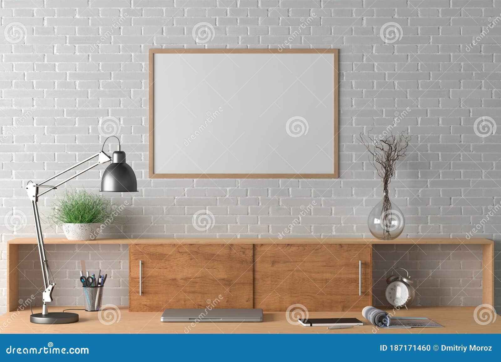 Workspace with Horizontal Poster Mock Up on the White Brick Wall. Desk ...