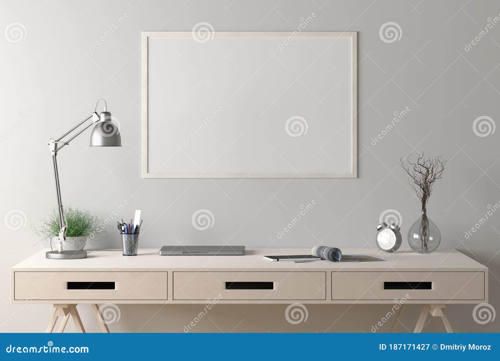 Workspace with Horizontal Poster Mock Up on White Wall. Desk with ...