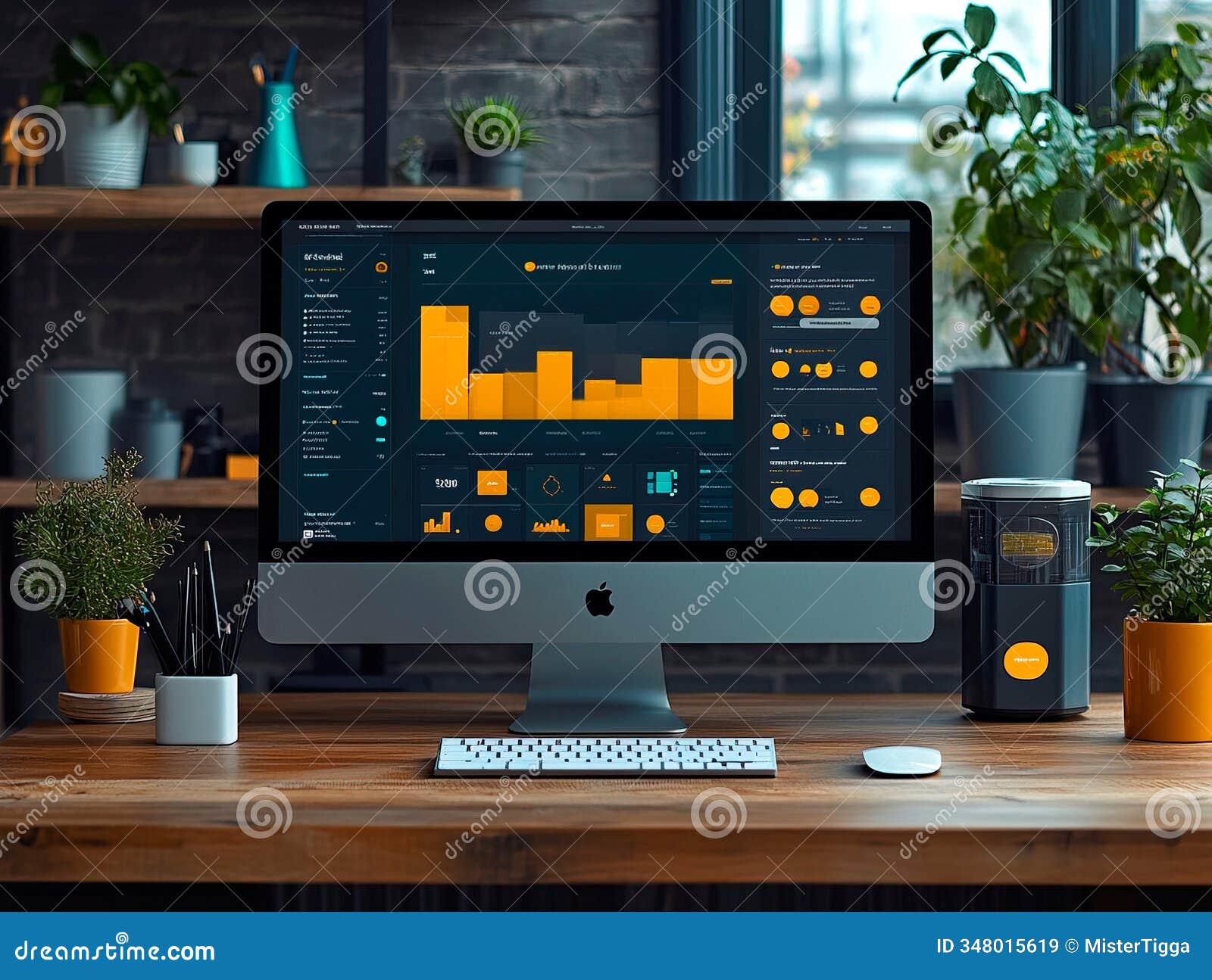 Workspace with IMac Showing Real-time Performance Dashboard, Cluttered ...