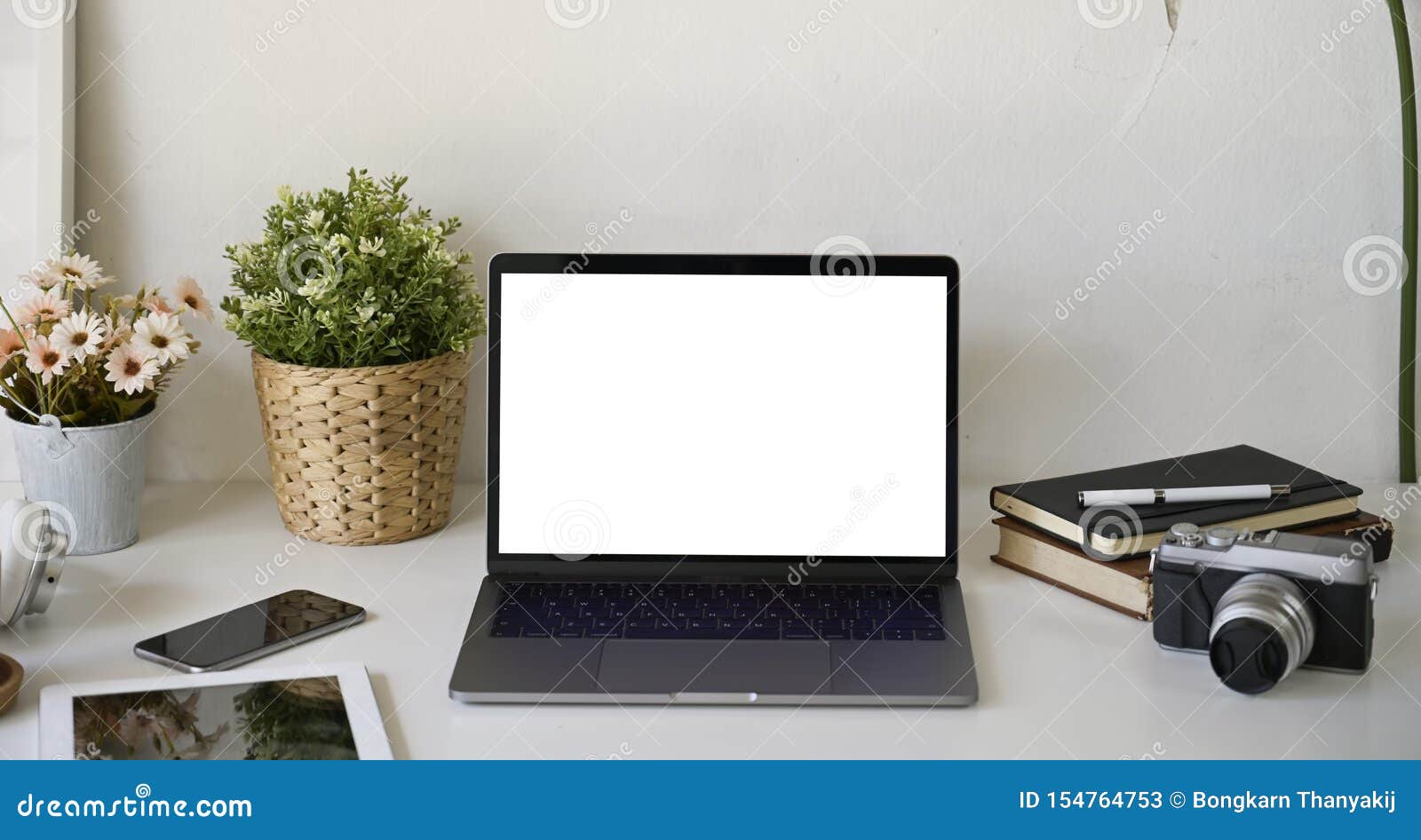 Workspace with Isolate White Screen Mock Up Laptop Stock Image - Image ...