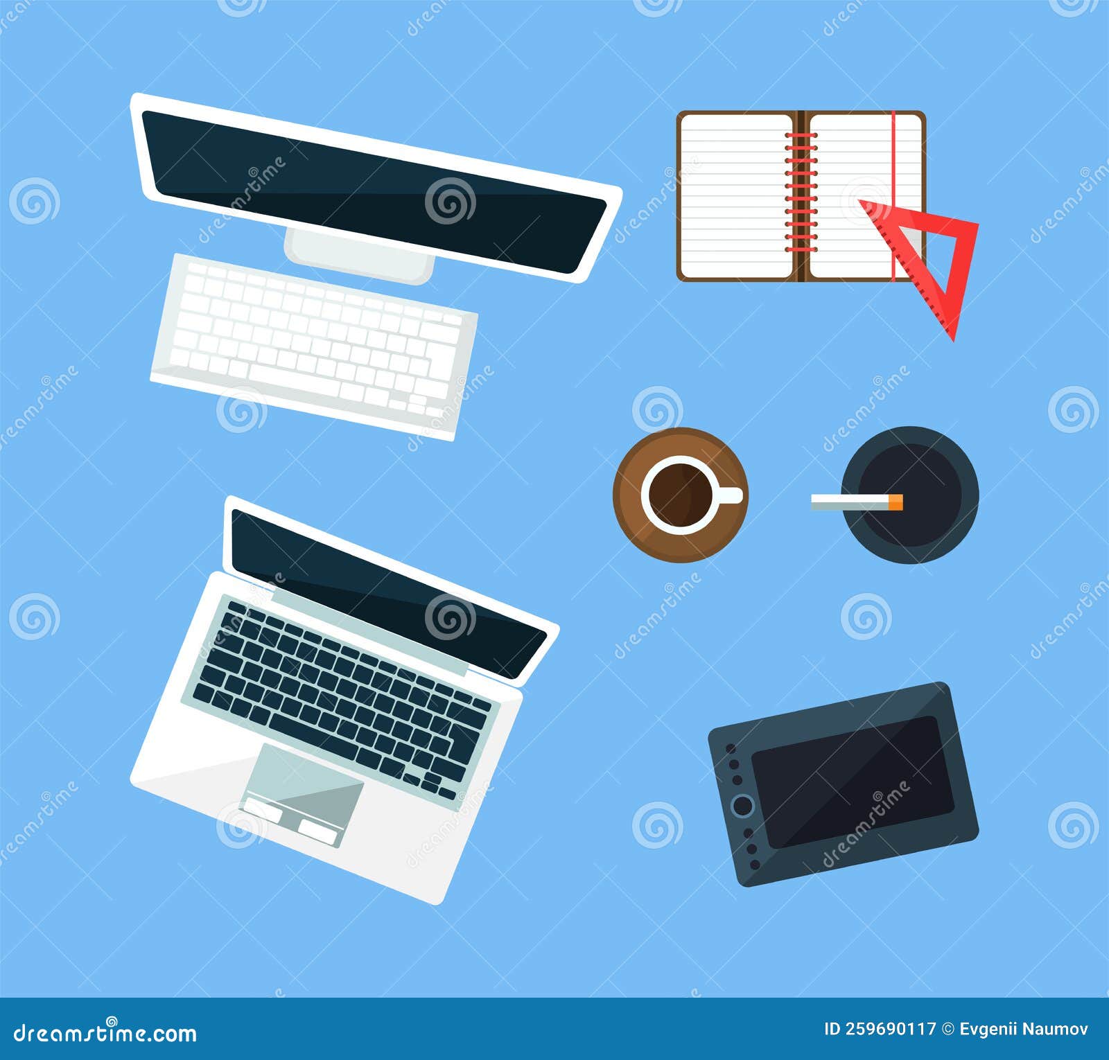 Workspace Items with Computer, Laptop, Tablet, Notepad, Coffee Cup and ...