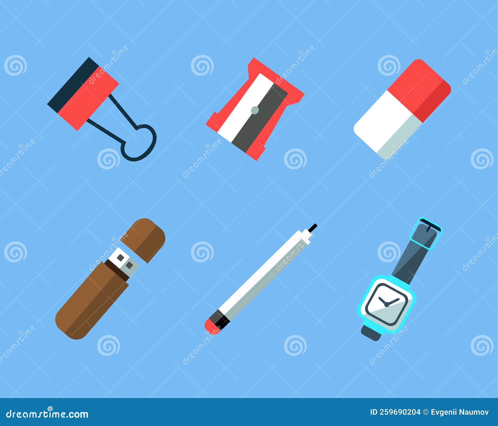 Workspace Items with USB Flash Drive, Watch, Pencil, Paperclip and ...