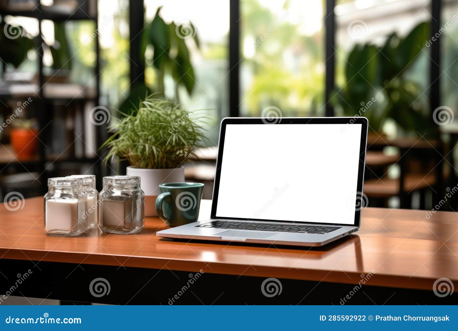 Workspace with Laptop Computer Empty Screen and Office Supply on Wooden ...