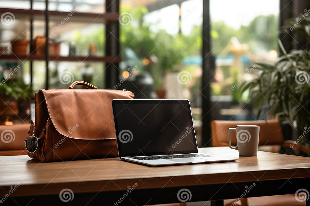 Workspace with Laptop Computer Empty Screen and Office Supply on Wooden ...