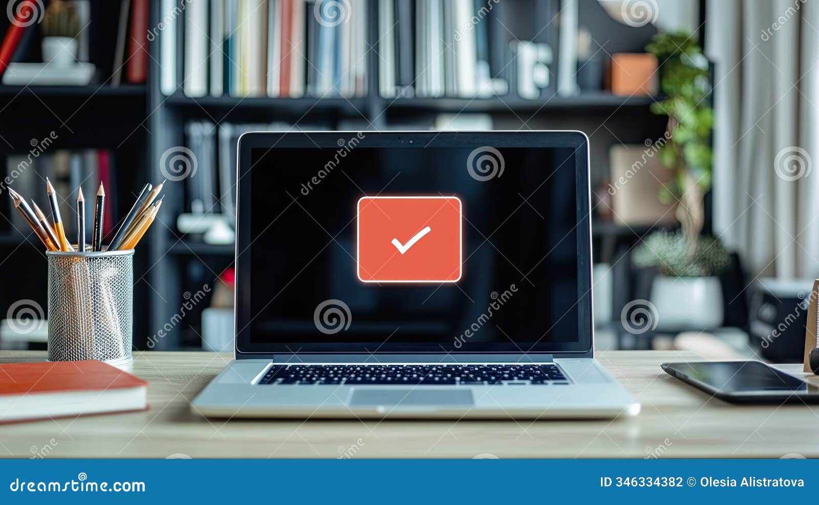 Workspace with Laptop Computer Red Tick Sign on Screen Stock ...