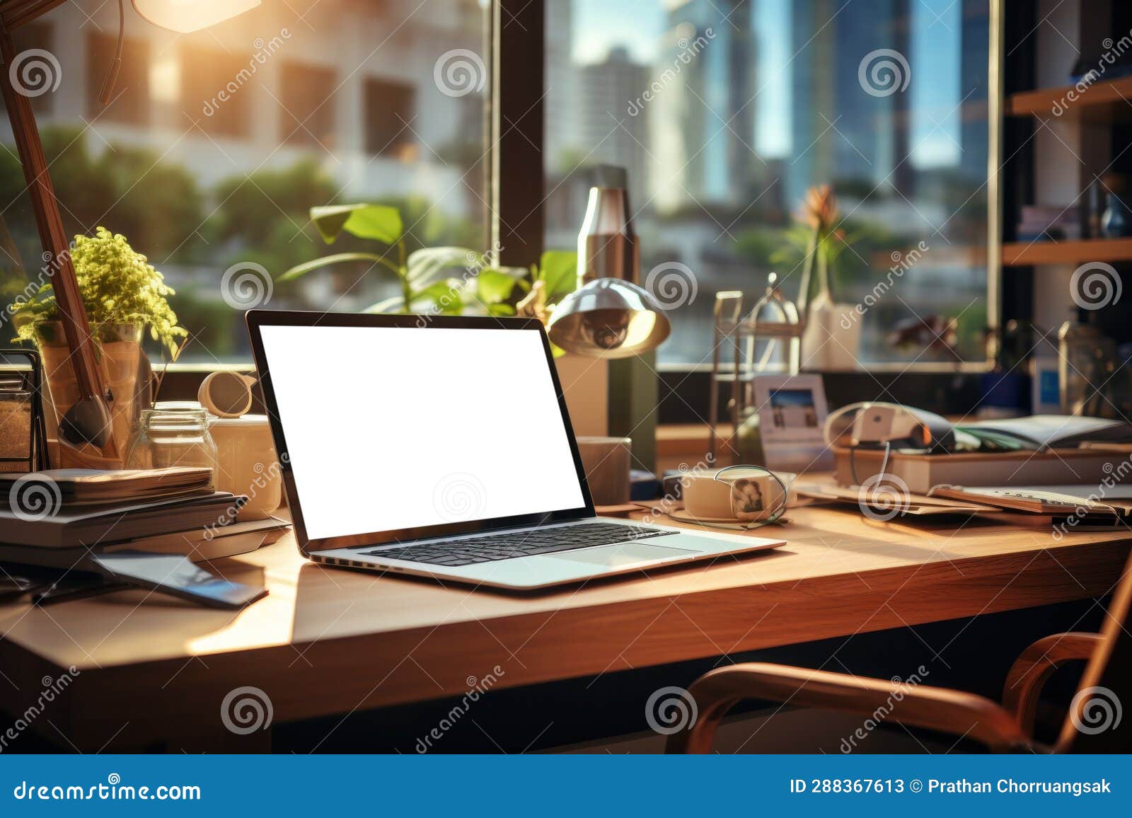 Workspace with Laptop Computer and Supply on Table with Cityscape ...