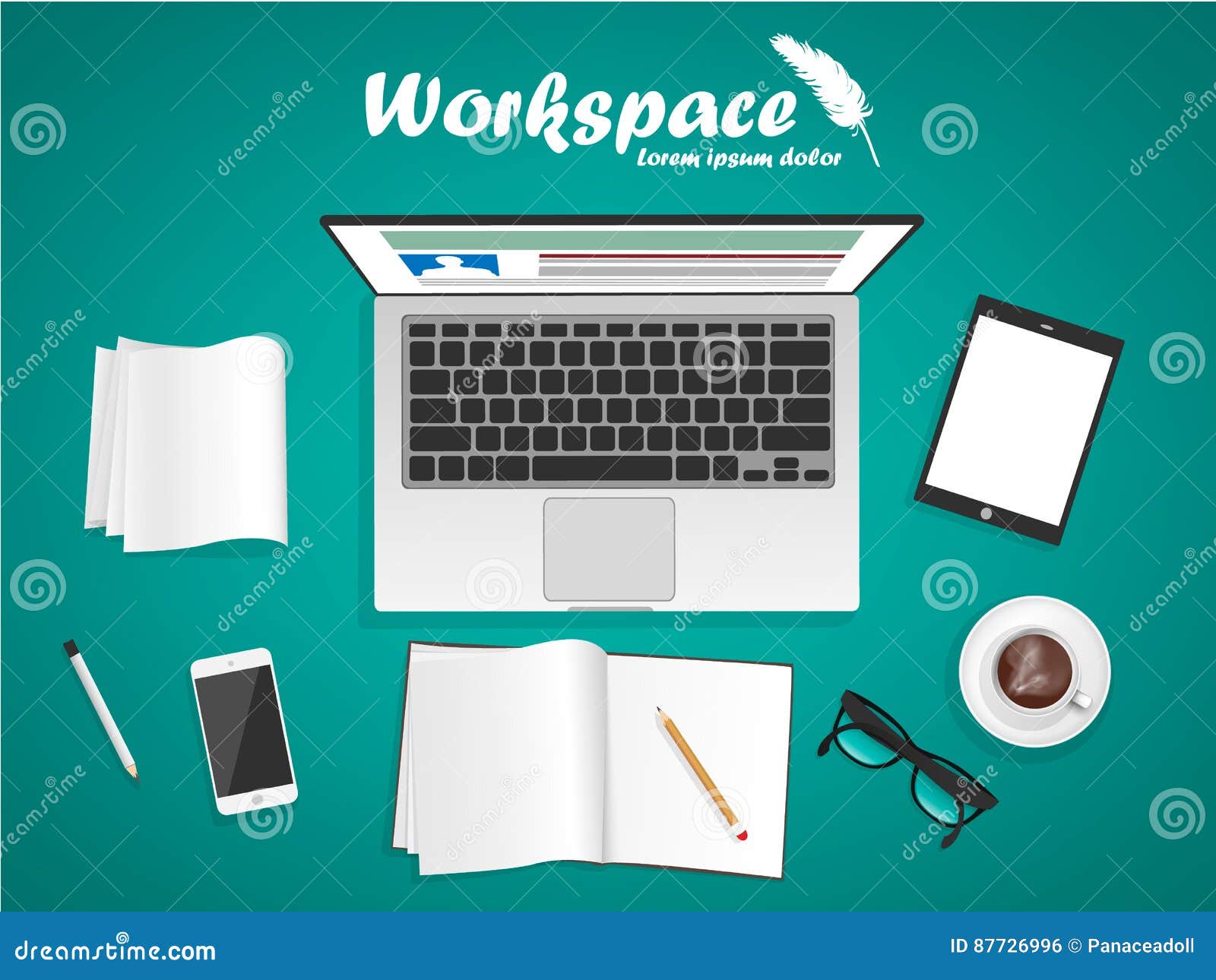 Workspace with Laptop, Phone, Notebook Stock Vector - Illustration of ...