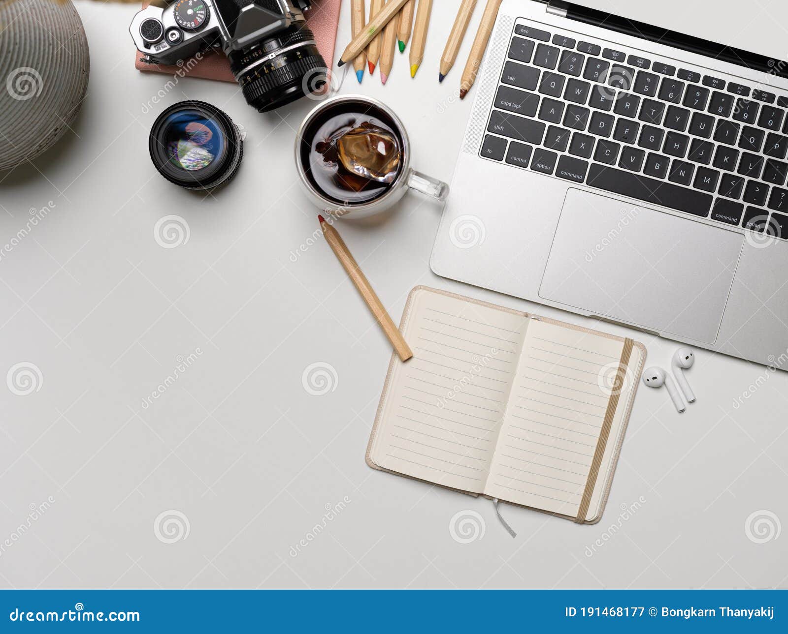 Workspace with Laptop, Stationery, Camera, Accessories and Copy Space ...