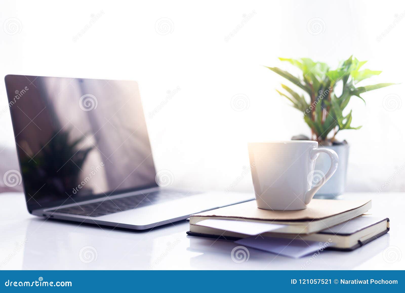 Workspace ,laptop on White Table with Coffee Cup and Notebook Stock ...