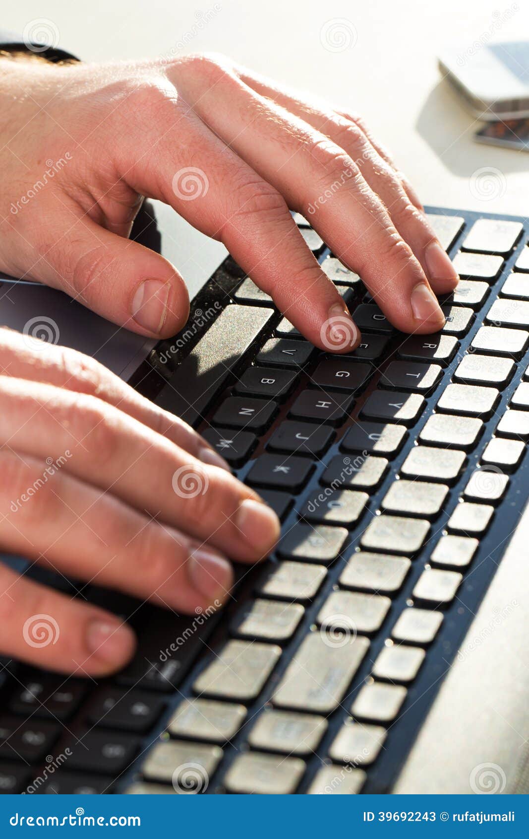 Workspace. Man typing stock image. Image of hands, sunlight - 39692243