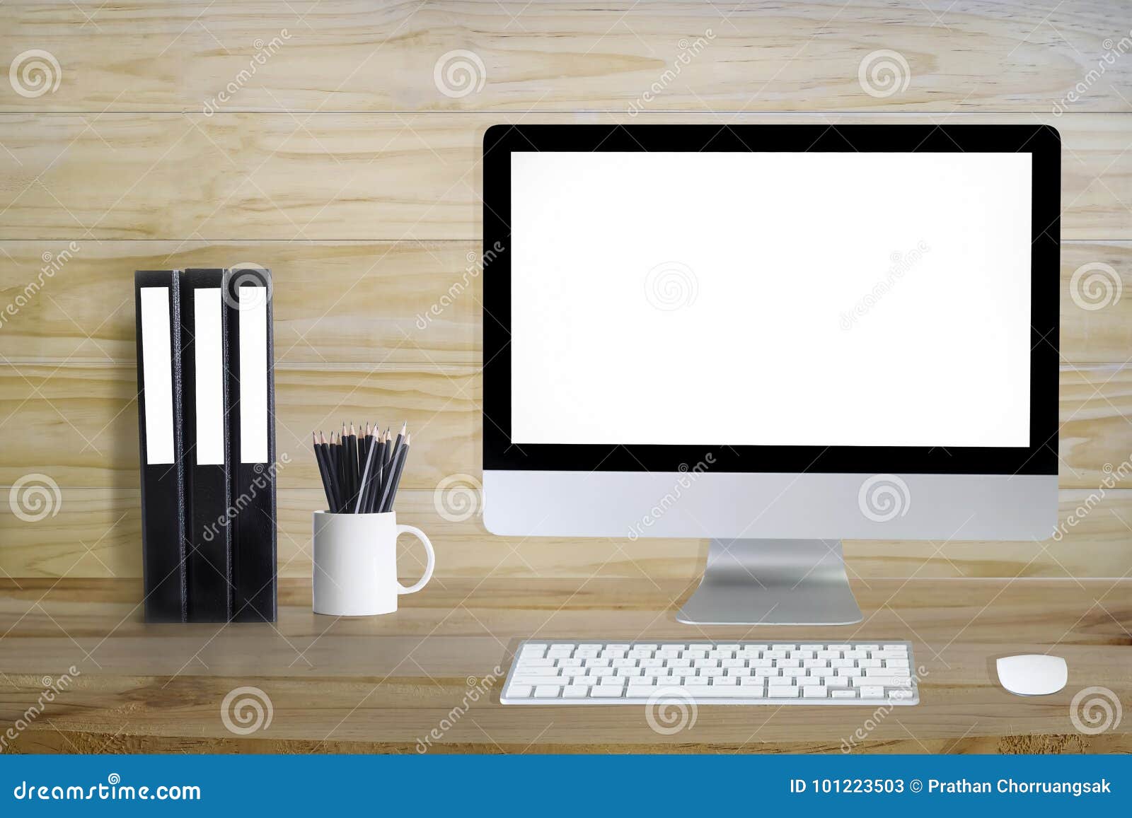 Workspace Mockup Computer Desktop on Table. Stock Image - Image of ...