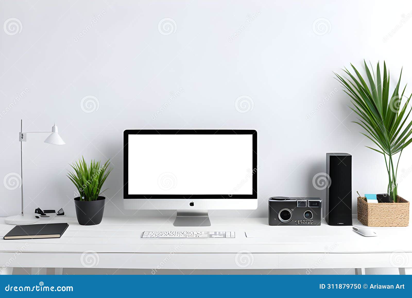 Workspace Mockup Desktop Computer and Stuff on White Wooden Table ...