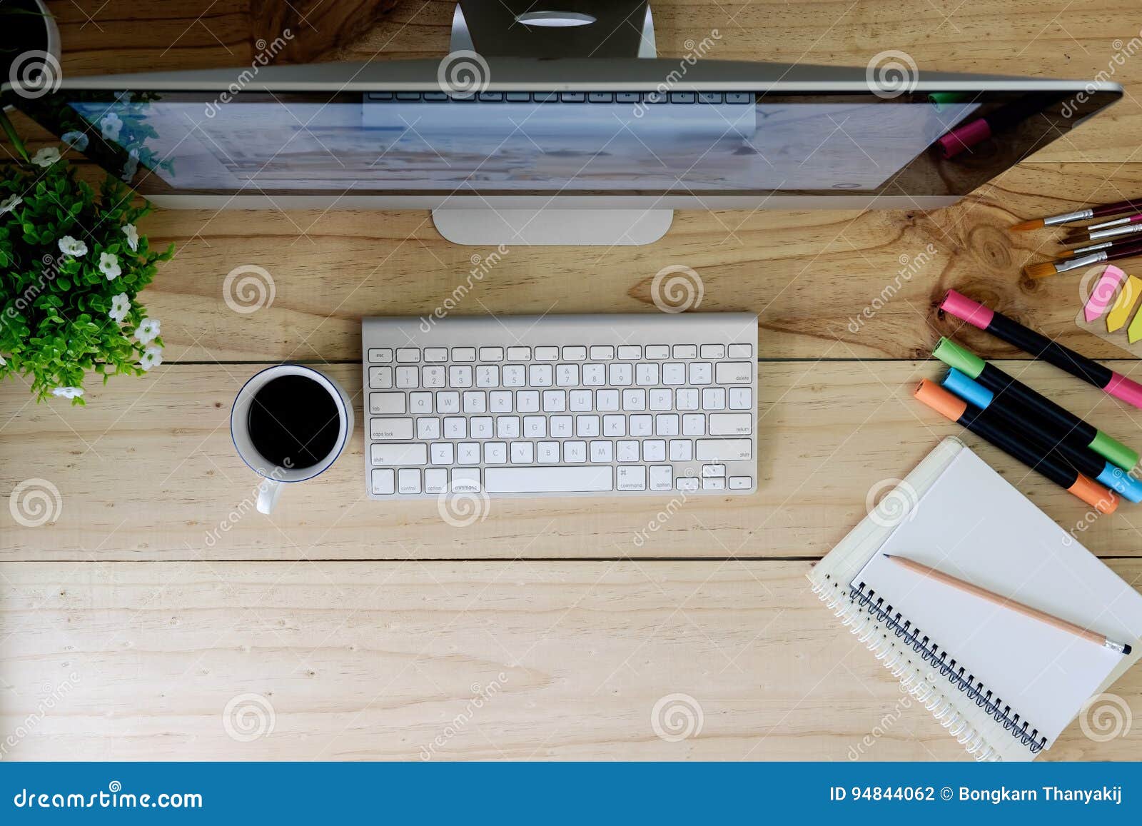 Workspace Modern Desktop Computer on Wood Table and Office Stuff. Stock ...
