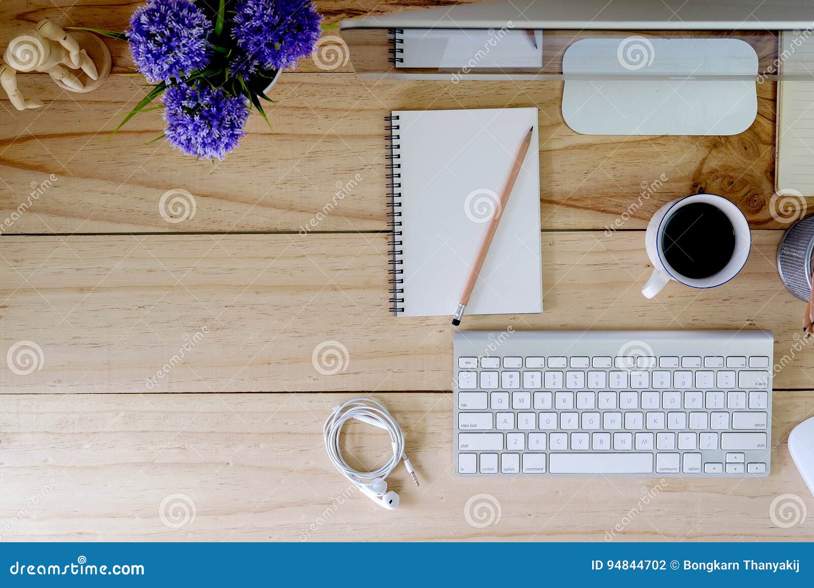 Workspace Modern Desktop Computer on Wood Table and Office Stuff. Stock ...