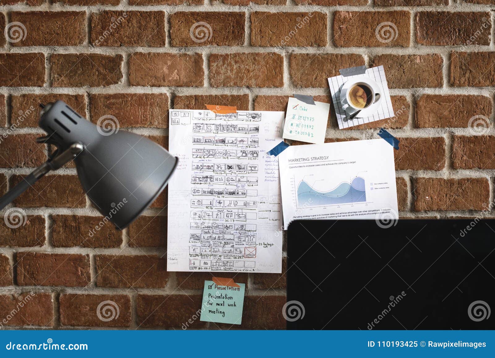 Workspace with Note on Brick Wall Stock Image - Image of brick, admin ...