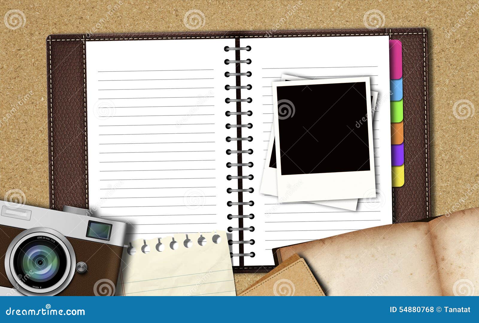 Workspace with Notebook ,classic Camera,instant Photos, Note Pap Stock ...