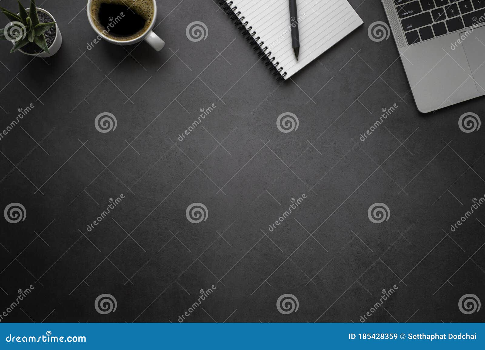 Workspace in Office with Black Table. Top View from Above of Laptop ...