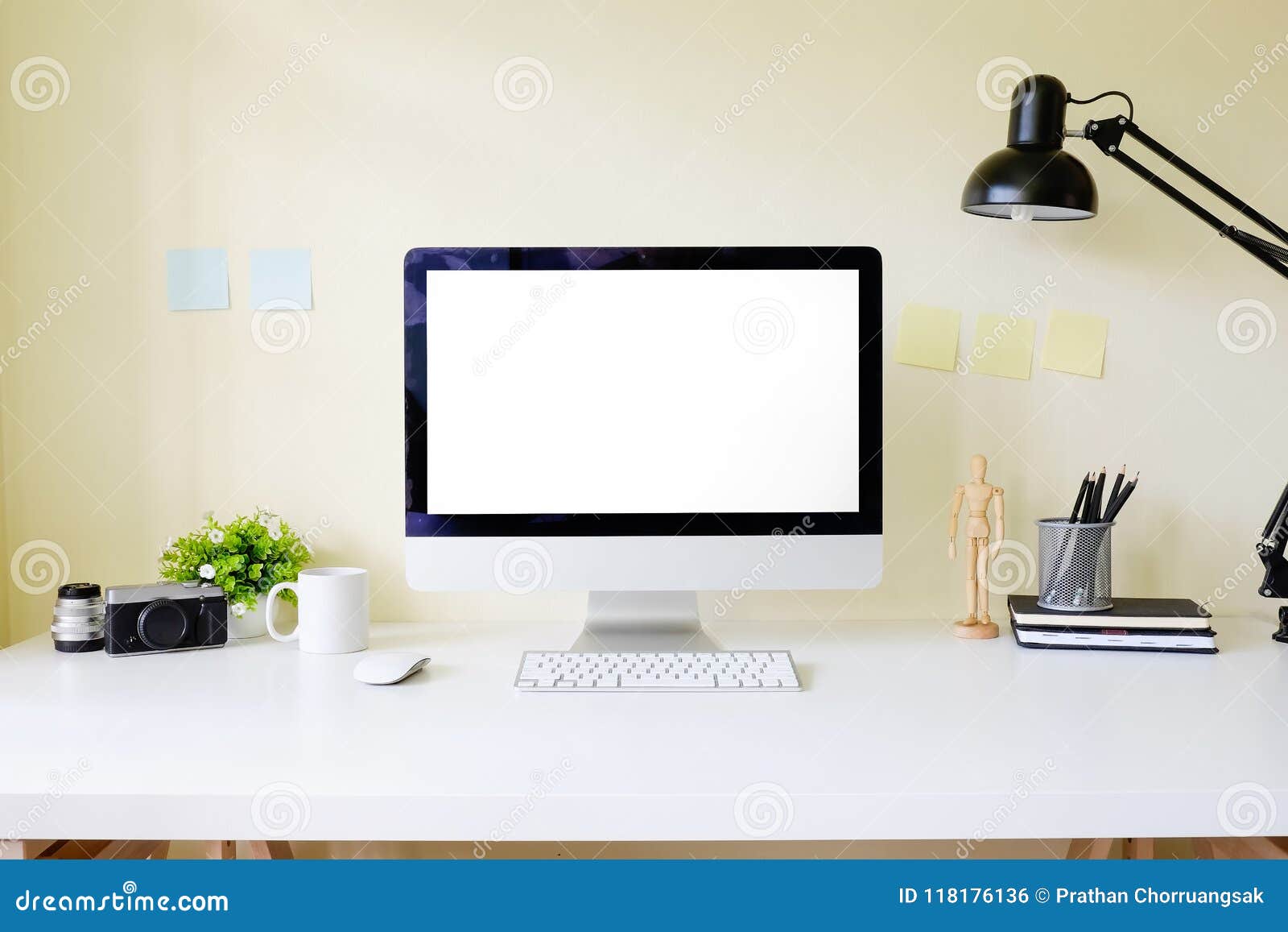 Workspace Office Table with Pc Computer Mockup Display on White Stock ...