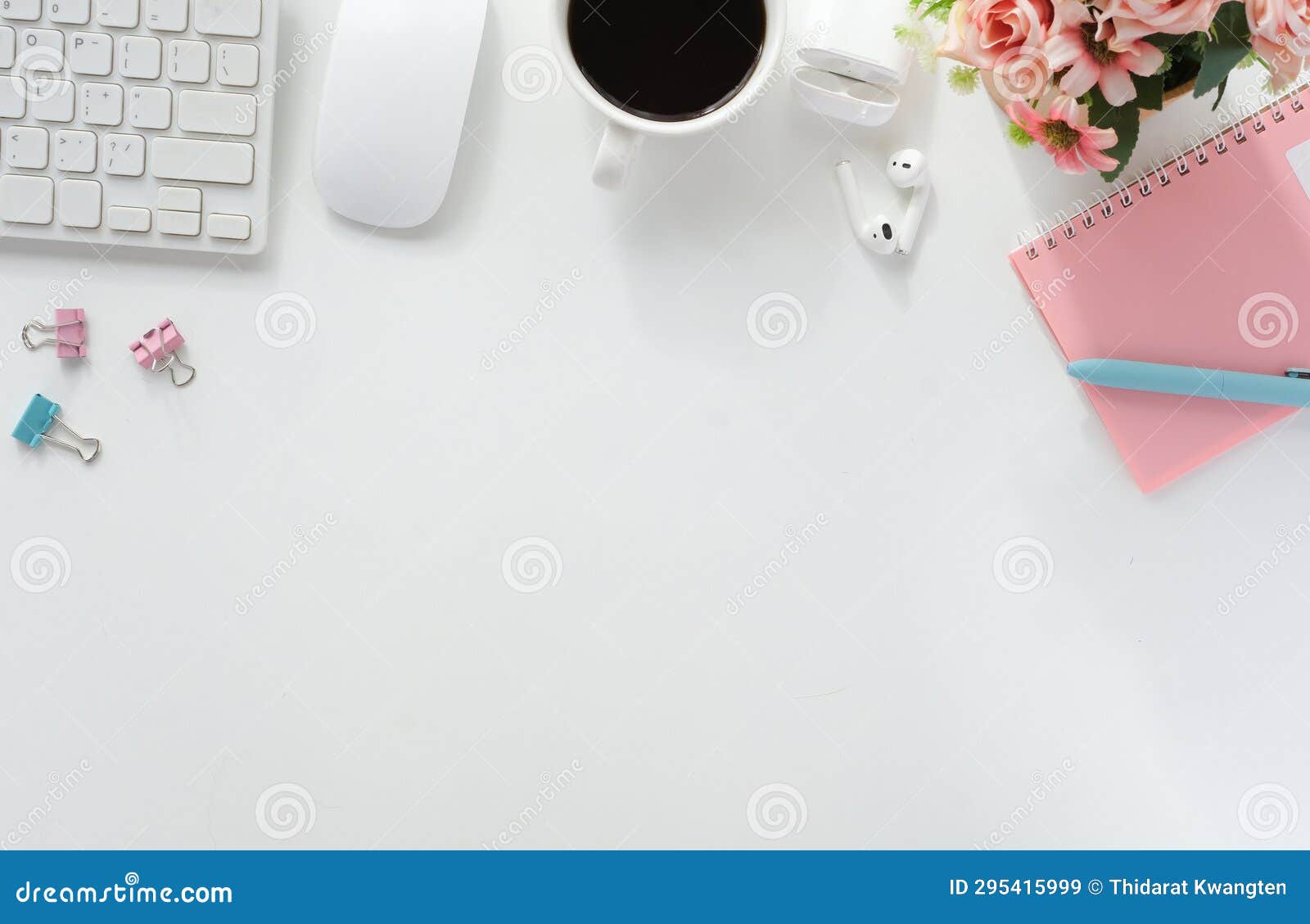 Workspace in Office with White Table. Top View from Above of Keyboard ...