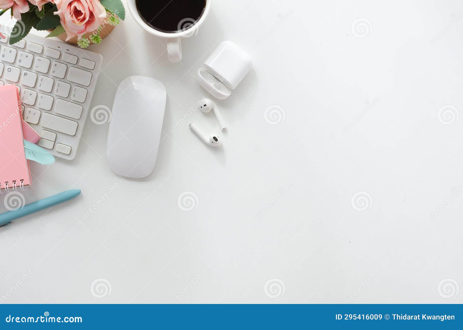 Workspace in Office with White Table. Top View from Above of Keyboard ...