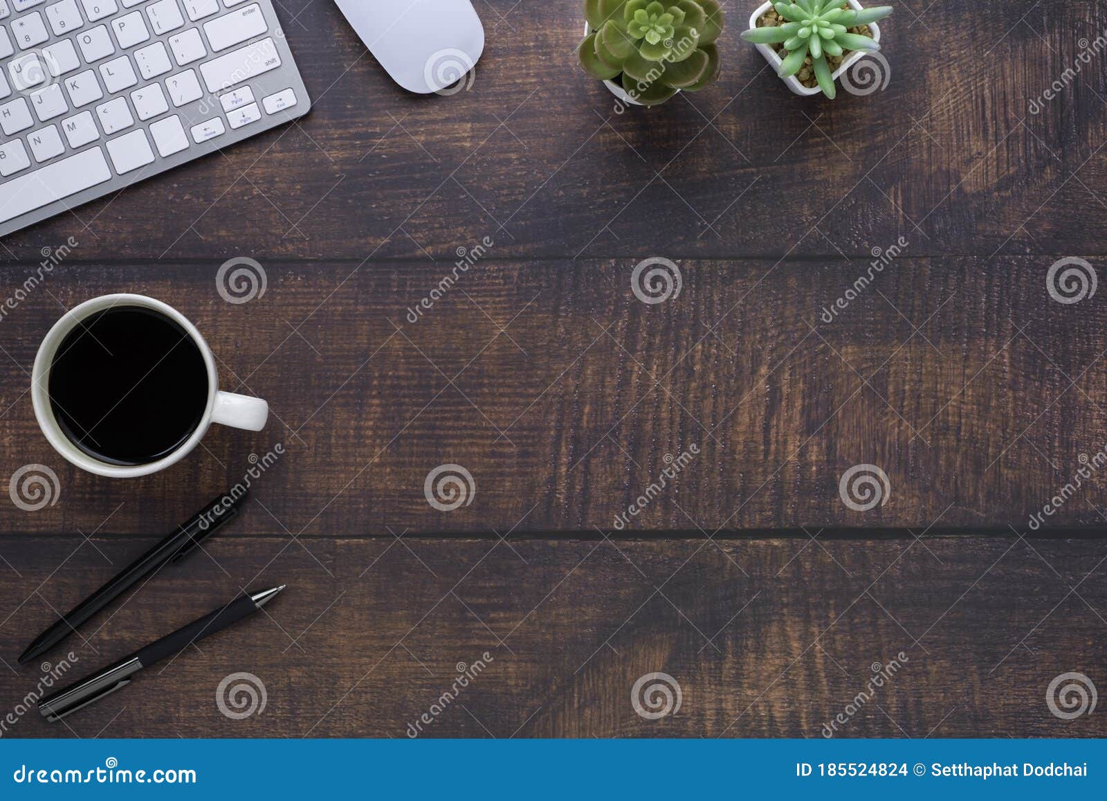 Workspace in Office with Wood Table. Top View from Above of Keyboard ...