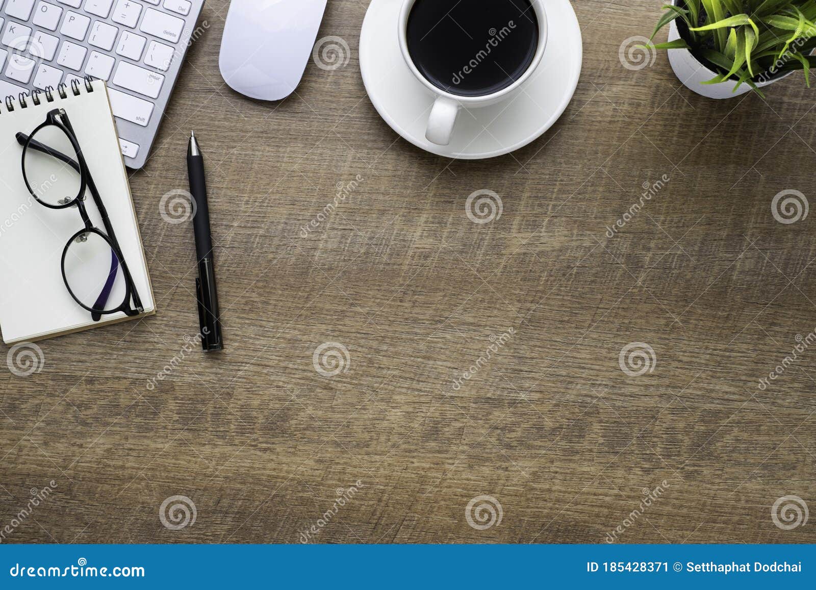Workspace in Office with Wood Table. Top View from Above of Keyboard ...