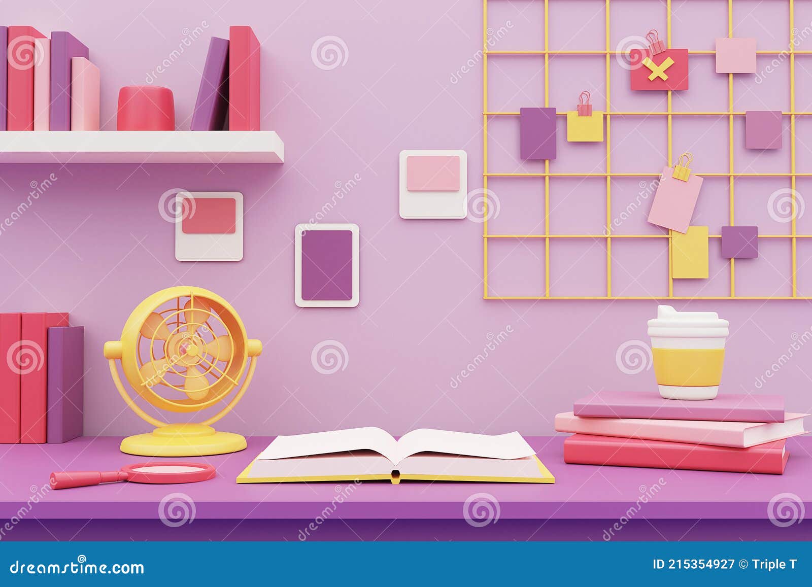Workspace in Pastel Color with Book and Office Supplies on Desk. 3d ...
