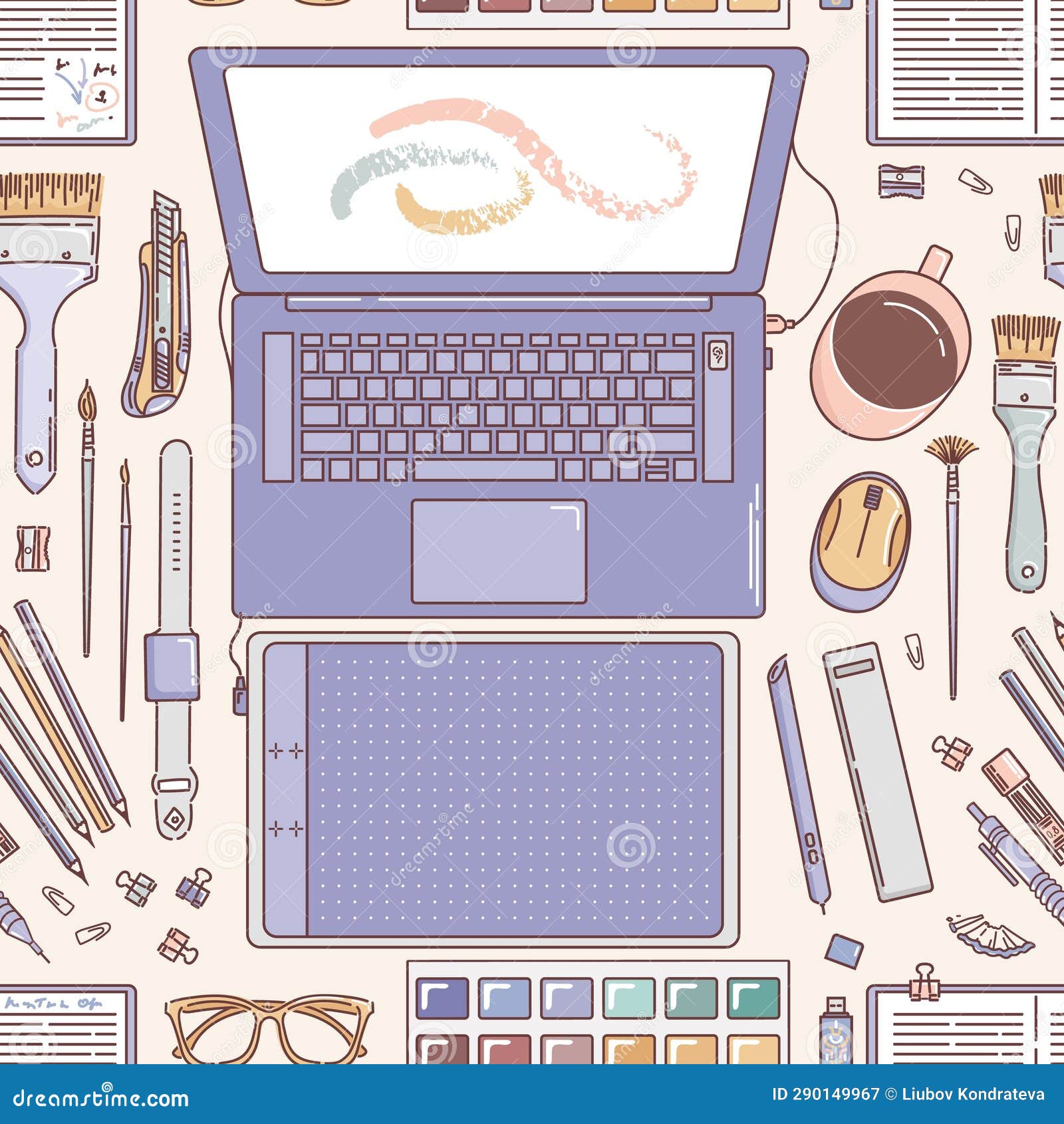 Workspace Seamless Pattern. Desktop of an Artist or Designer, Laptop ...