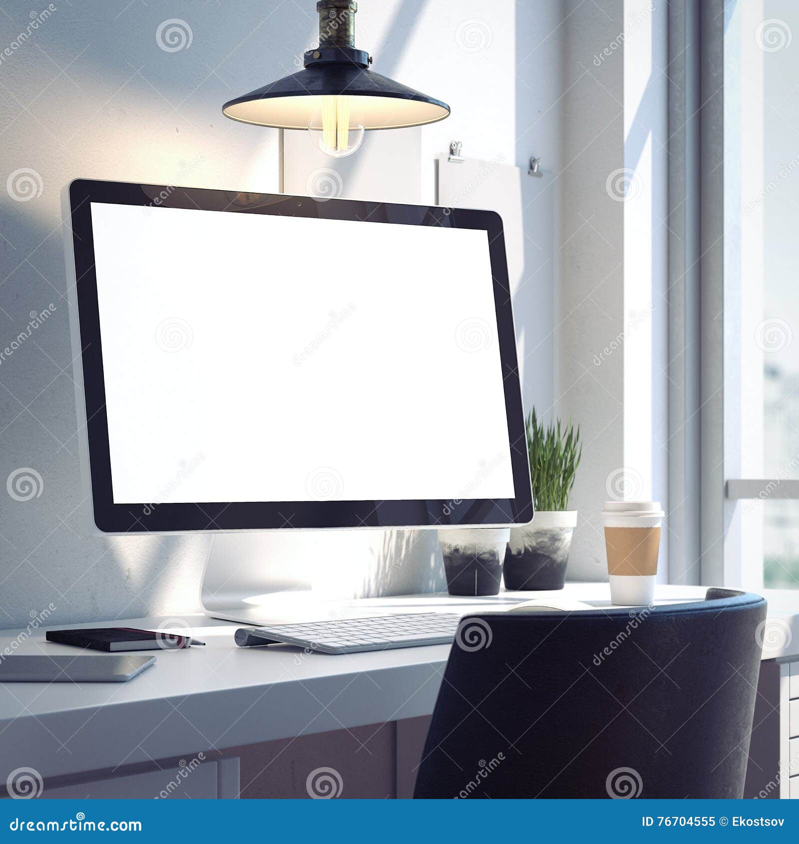 Workspace with Silver Modern Computer. 3d Rendering Stock Image - Image ...