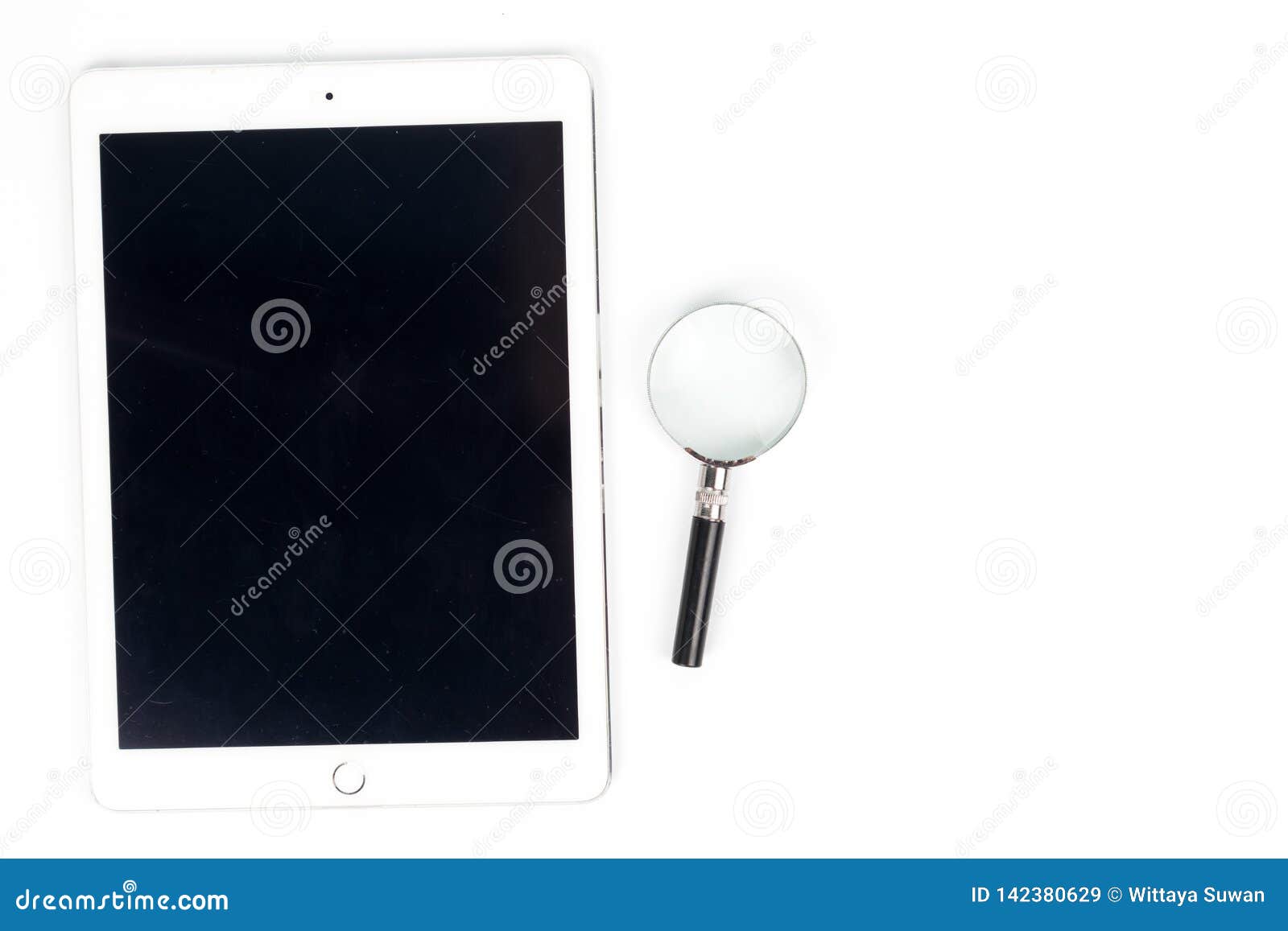 Workspace Top View the Tablet,Magnifying Glass is Placed on a White ...