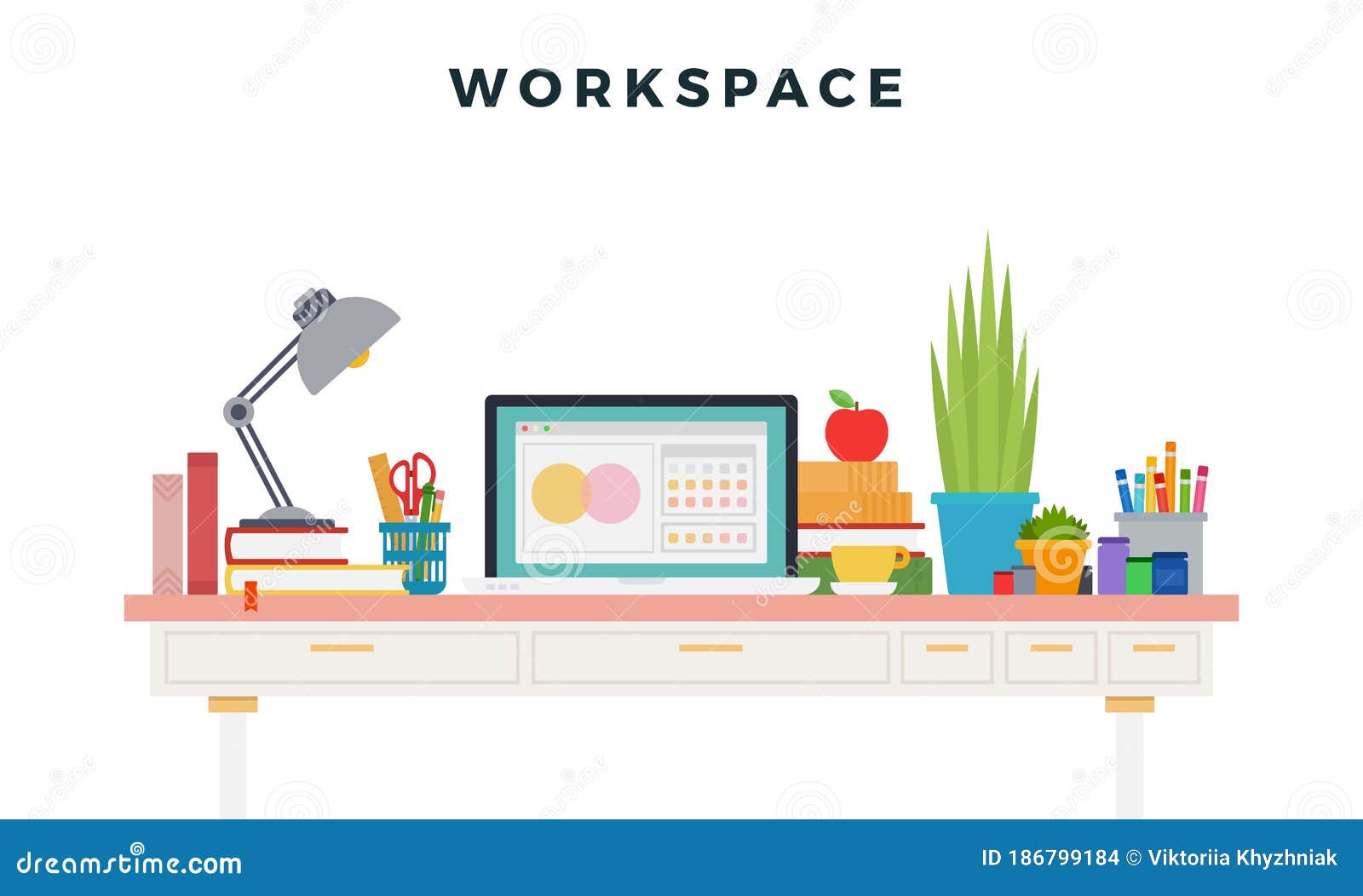 Workspace Vector Illustrator in Flat Design. Workplace of Designer with ...