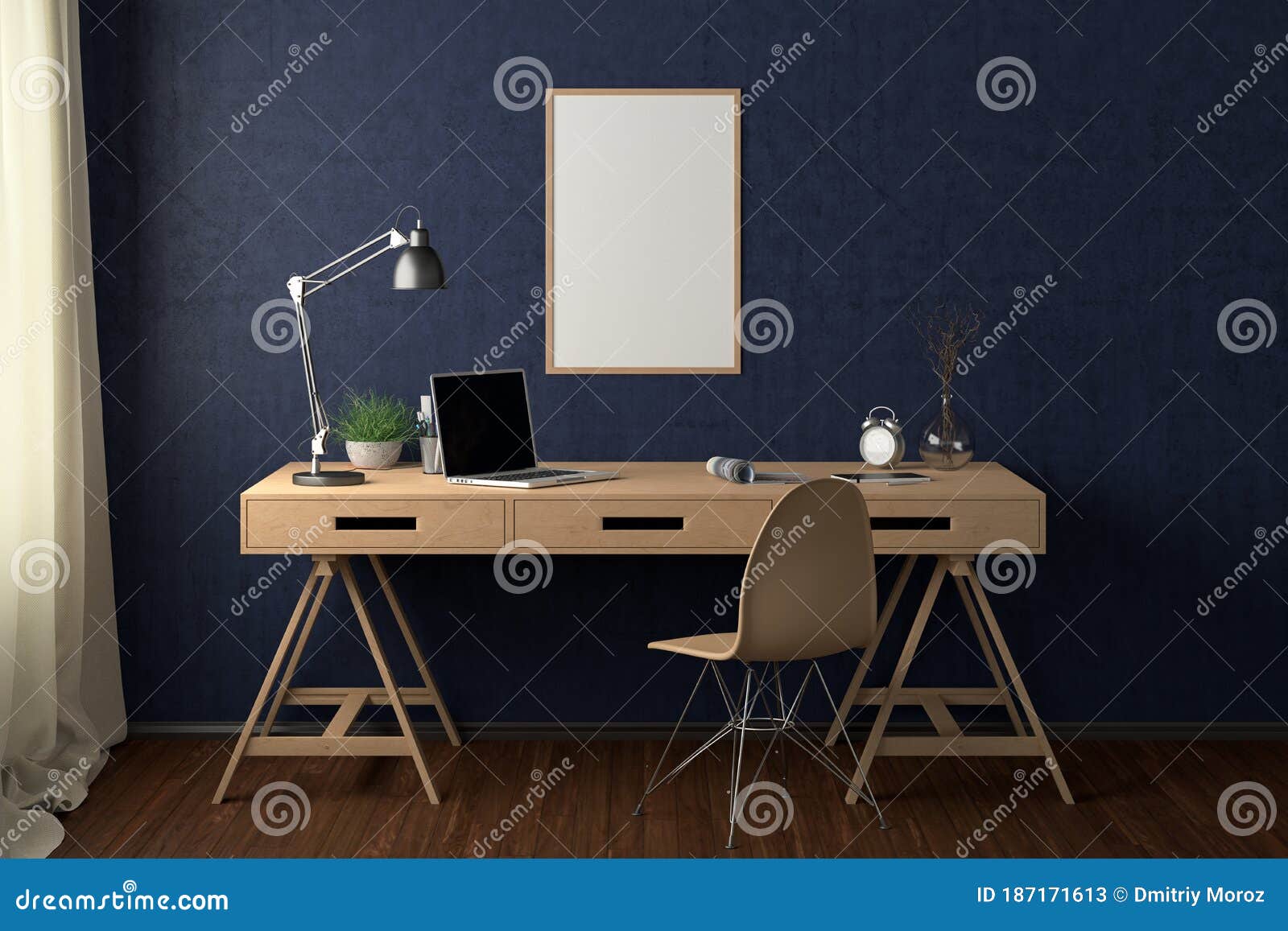 Workspace with Vertical Poster Mock Up on Blue Wall. Desk with Drawers ...