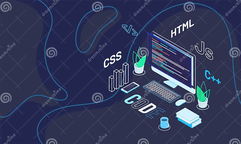 Workspace of Web Developer with Text Code on Abstract Blue Background ...