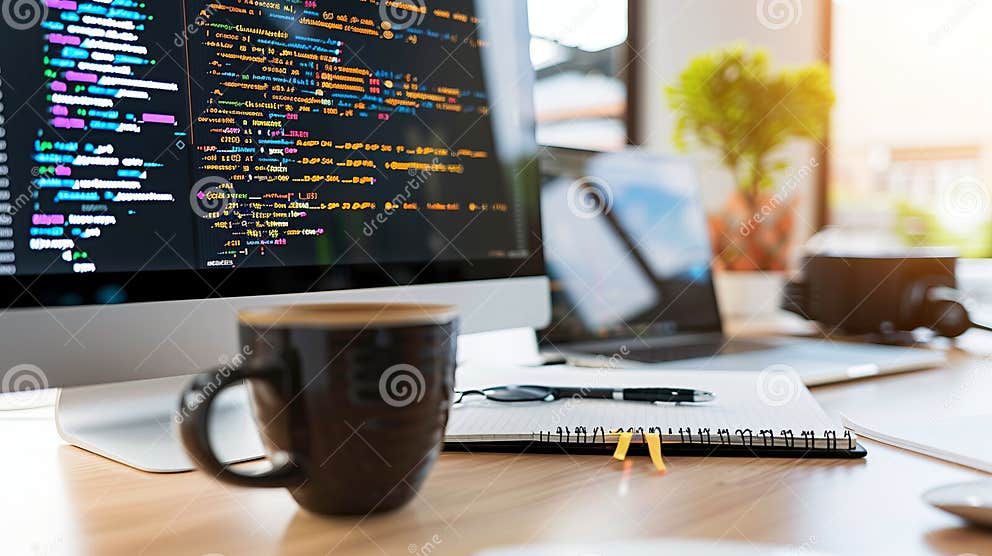 A Workstation with a Coding Display and Coffee Cup during a Productive ...