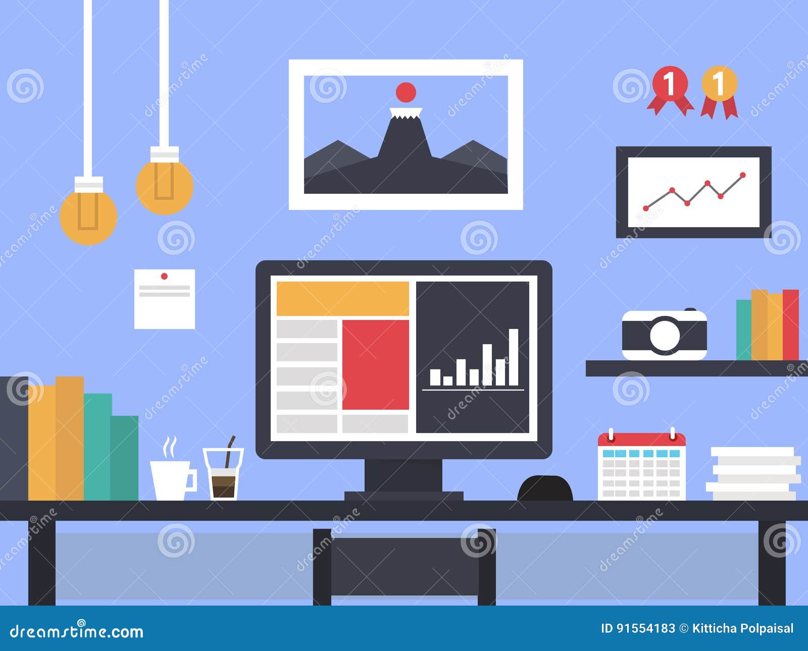 Workstation, Flat Design Vector Icon Stock Vector - Illustration of ...